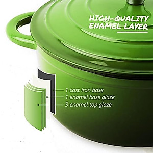 Overmont Enameled Cast Iron Dutch Oven - 5.5QT Pot with Lid Cookbook & Cotton Potholders - Heavy-Duty Cookware for Braising, Stews, Roasting, Bread Baking green