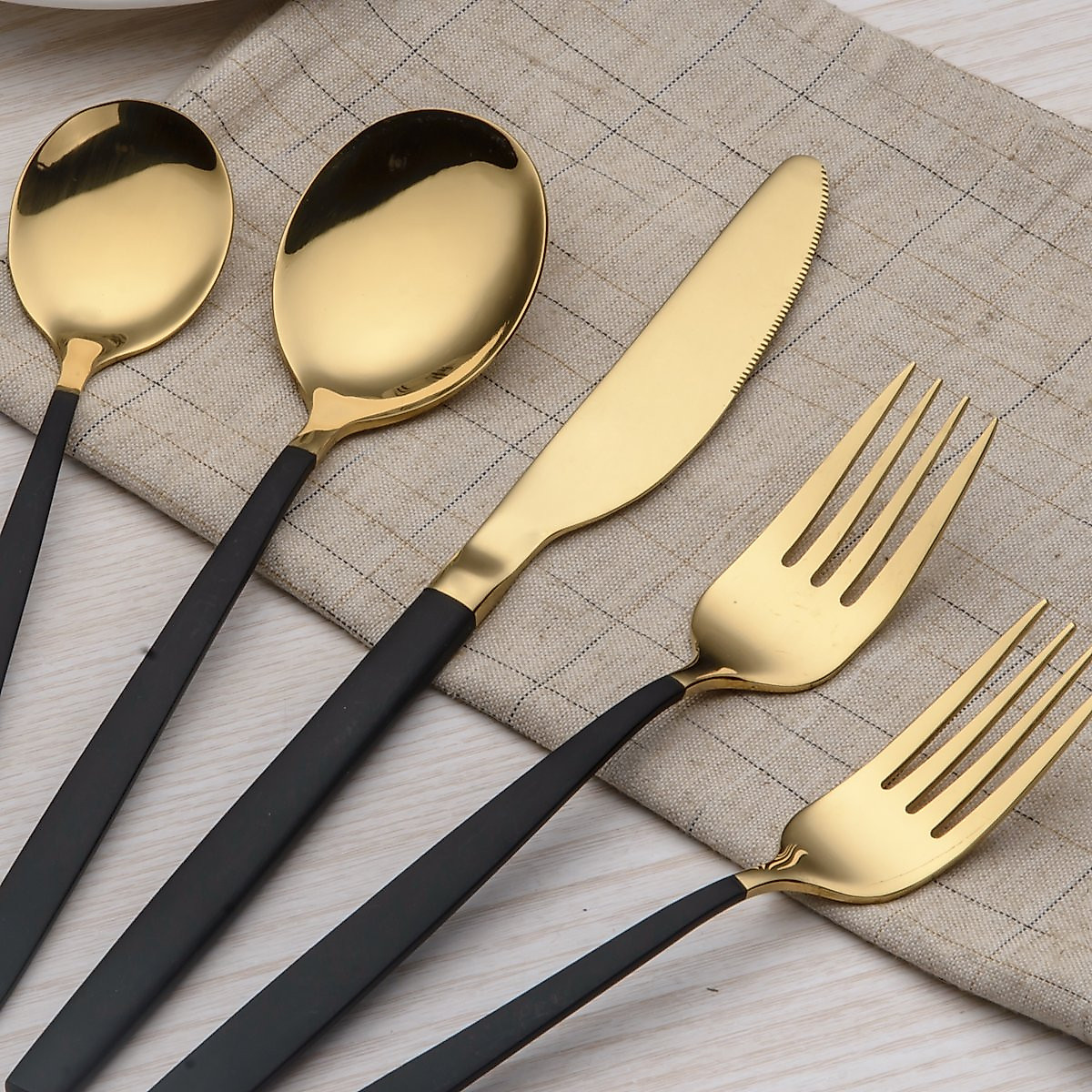 Berglander 20 Piece Titanium Black And Golden Plated Stainless Steel Flatware Set, Black Handle With Golden Mouth Silverware Set Black And Golden Cutlery Set Service for 4 (Shiny Black,Shiny Golden)