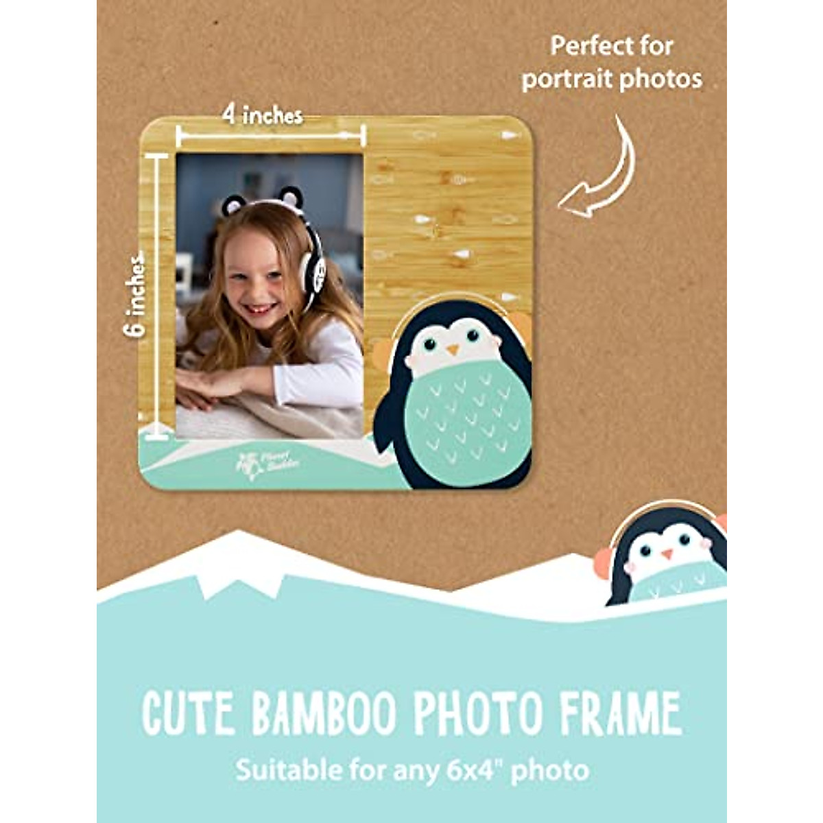 Planet Buddies Picture Frame 4x6 inch, Penguin Themed Photo Frame with Wooden Effect, Freestanding or Wall Hanging Room Decor, Keepsake Ideas for Baby Nursery and Bedroom, Gifts for Kids, Plastic Free