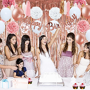 Rose Gold Pink Birthday Party Decorations, Happy Birthday Banner, Rose Gold Party Decorations for Women, 2PCS Fringe Curtains, Paper Tassels Garland, Circle Dots Garland for Women Girls Birthday Decorations