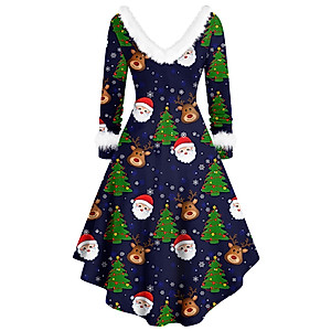 Red Dresses for Women Sexy Santa Christmas Printed Midi Dresses Furry V-Neck A-Line Swing Party Dress Cosplay Costume