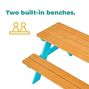 Teamson Kids Picnic Table, Kids Outdoor Table with Built-in Benches, Natural/Aqua