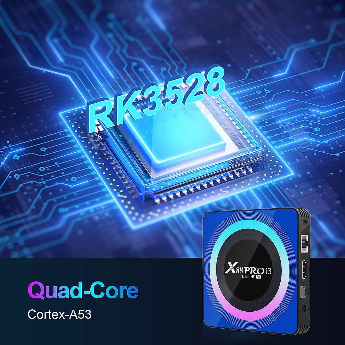 Android 13.0 TV Box, X88 PRO 13 Android Box with 4GB RAM 32GB ROM RK3528 Quad-Core Support WiFi6 2.4Ghz/5.0Ghz 8K HD BT 5.0 H.265 Decoding Smart TV Box