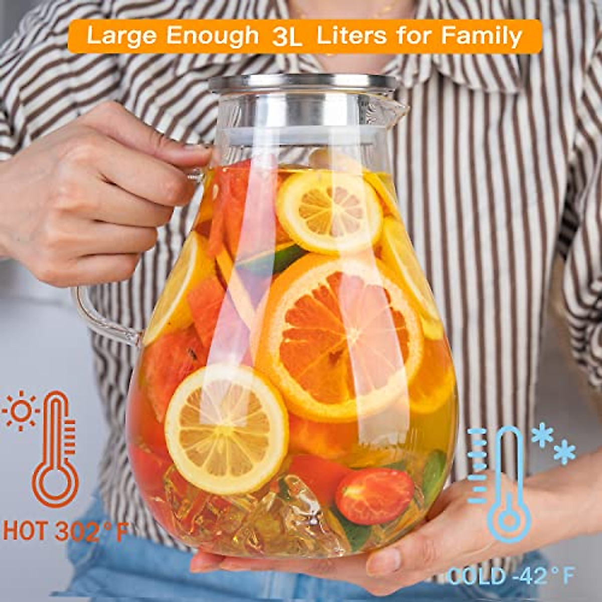 YUNCANG Glass Pitcher with Lid - Water Carafe 108 oz - 3000ML Iced Tea, Juice, Milk, Coffee, Lemonade - Borosilicate Boiling Glassware - Hot & Cold Beverages