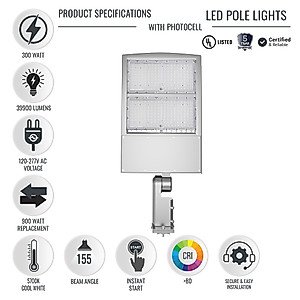 LEDMyplace 300W/240W/200W Adjustable LED Parking Lot Lights with Photocell Dusk to Down Shoebox Lighting 5700K, 39900LM, 120-277V Outdoor Security Commercial Pole Lights for Stadium, Roadways, Street