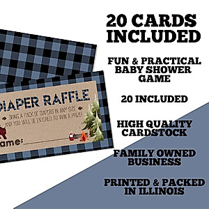 Amanda Creation Oh Boy! Outdoorsy Blue and Black Plaid Lumberjack Diaper Raffle Tickets for Boy Baby Showers, 20 2" X 3” Double Sided Inserts, Bring a Pack of Diapers to Win Favors &
