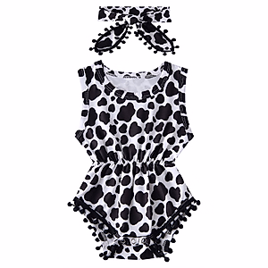 Leapparel Baby Girls Rompers Cute Cow Jumpsuits Infant Boys Outfit Clothes Black Pompom Bodysuits White Baby Playsuit with Bow-Knot Headband for 3-6 Months