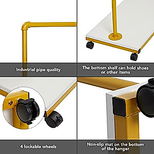 Towallmark Gold Clothing Rack, Heavy Duty Industrial Pipe Clothing Rack with Wood Shelf, Large Space Metal Clothes Garment Rack on Wheels Ideal for Bedroom Living Room Boutique Use 59’’