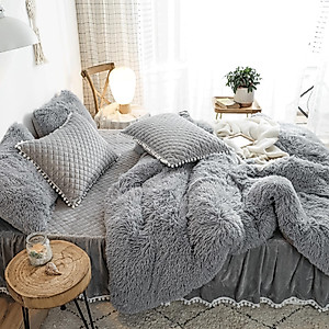 HAIHUA Luxury Plush Shaggy Flannel Velvet (1 Faux Fur Duvet Cover) Fluffy Comforter Bedding Sets 1 Pieces,Zipper Closure (Gray, Queen)