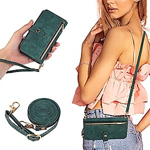 UEEBAI Crossbody Wallet Case for iPhone 7 Plus/iPhone 8 Plus, 9 Card Slots Adjustable Crossbody Zipper Cover Detachable Lanyard Strap Flip Case with Hand Strap Kickstand Case - Retro Green