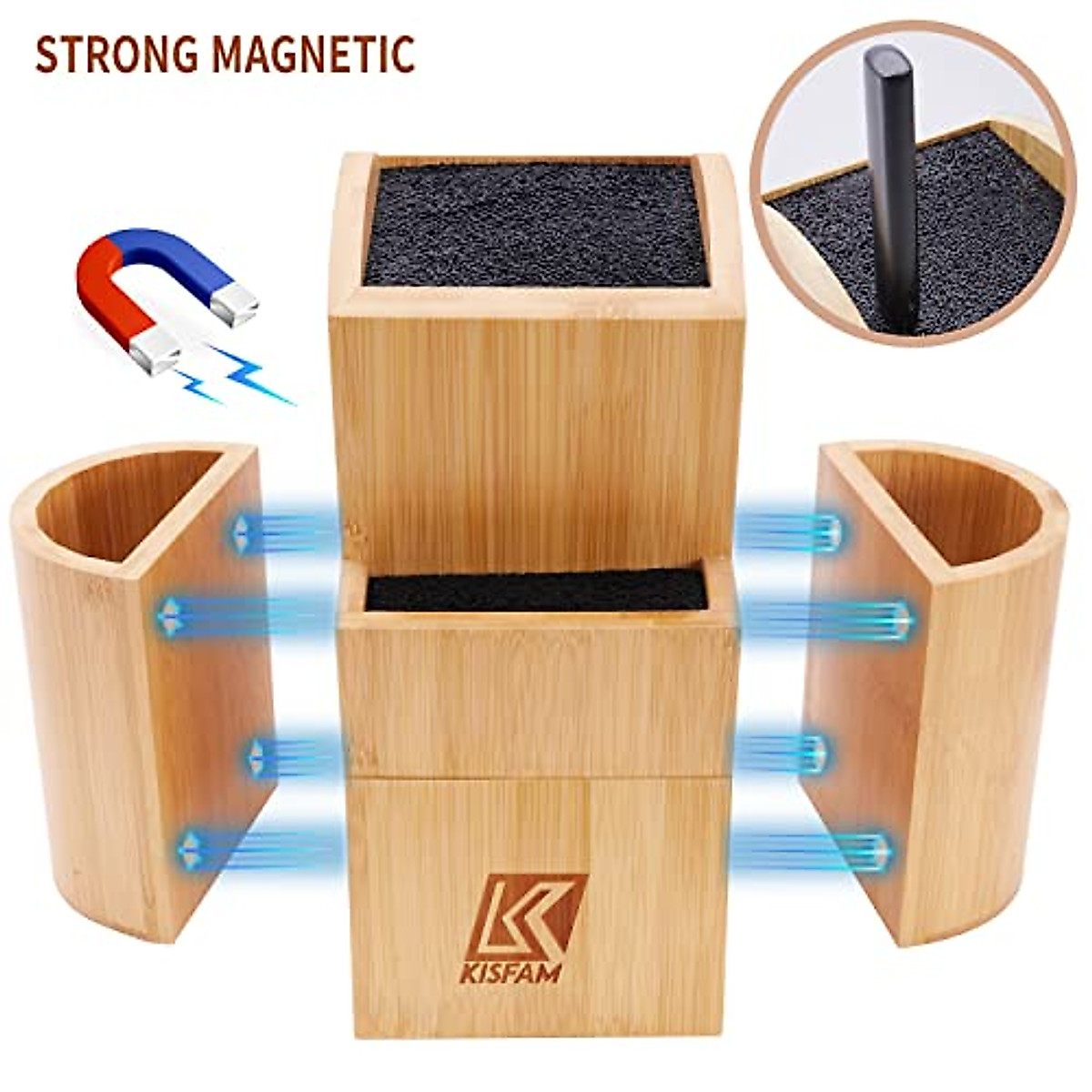 Bamboo Universal Knife Block Two-Tiered Slot-Less Wooden Knife Stand, Knife Organizer & Holder - Convenient Safe Storage for Large & Small Knives & Utensils - Easy to Clean Removable Bristles