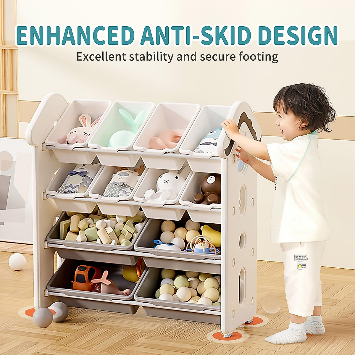 UNICOO Kids 4-Tier Toy Storage Organizer, Toy Organizer Shelf, Fun Candy House Design, Toy Shelves Organizer with 12 Bins, Toy Organizer Rack Durable and Safe HDPE Material