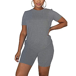 Kaximil Women's 2 Piece Club Outfits Casual Top T Shirt Biker Legging Shorts Set, Medium, Grey