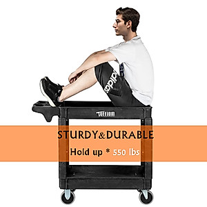 TUFFIOM Plastic Service Utility Cart with Wheels, 550lbs Capacity Heavy Duty Tub Storage Cart W/Deep Shelves, Multipurpose Rolling 2-Tier Mobile Storage Organizer, for Warehouse Garage Industrial
