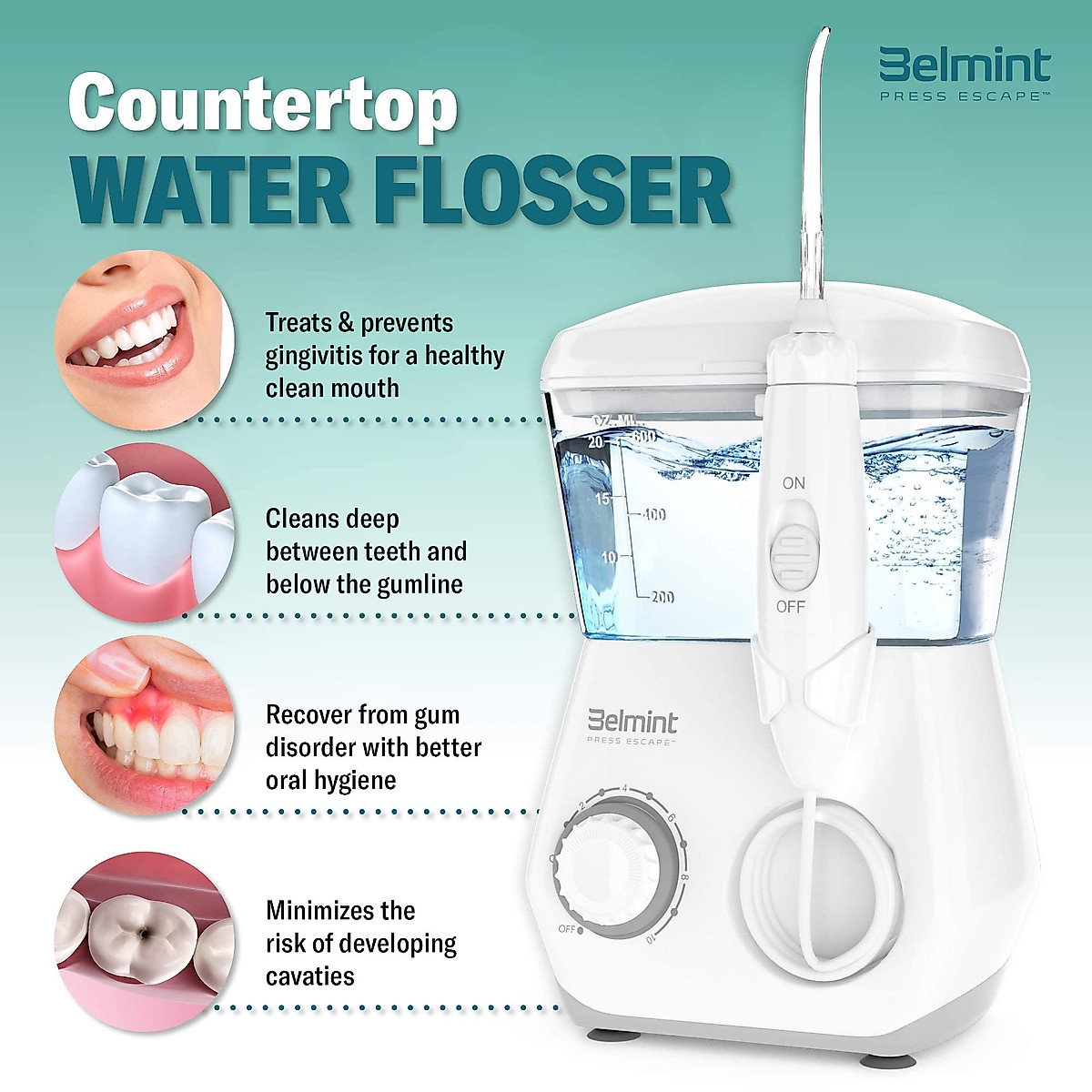 Water Flosser Teeth Cleaning - Countertop Oral Irrigator Teeth Cleaner for Braces & Bridges with 10 Adjustable Water Jet Pressures - 8 Multifunctional Tips, 600ml Capacity