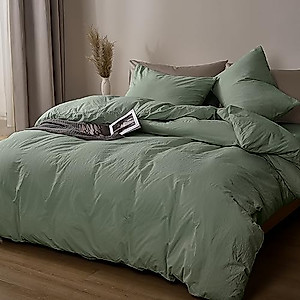 PHF 100% Cotton Duvet Cover California King Size, 3pcs Washed Cotton Linen Like Comforter Cover, Soft Breathable Durable Cooling Duvet Cover for Hot Sleepers, 104" x 98", Sage Green