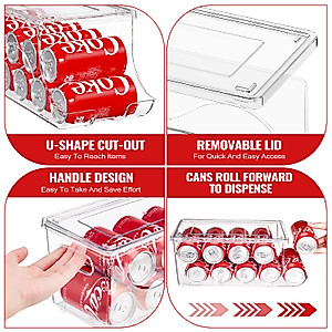 SCAVATA 2 Pack Stackable Refrigerator Organizer, Soda Can Dispenser Pop Cans Container Beverage Holder with Lid for Fridge, Freezer, Kitchen, Clear Plastic Storage Bins-Holds 10 Cans Each (Clear)
