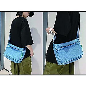 XACKWUERO Women Fashion Denim Casual Crossbody Bag Large Capacity Tote Bag Wide Strap Shoulder Bag for Shopping Working (Light Blue)