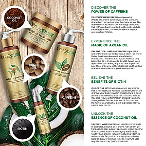 TruePure Hair Bundle - Caffeine Shampoo 8oz + Argan Oil Conditioner 8oz + Biotin Hair Growth Serum 2oz