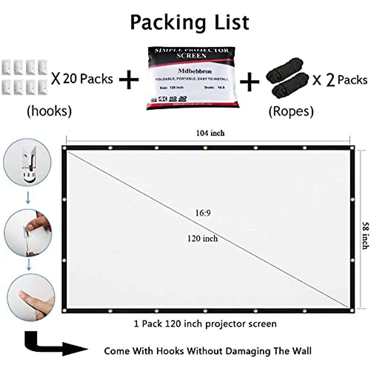 Mdbebbron 120 inch Projection Screen 16:9 Foldable Anti-Crease Portable Projector Movies Screens for Home Theater Outdoor Indoor Support Double Sided Projection