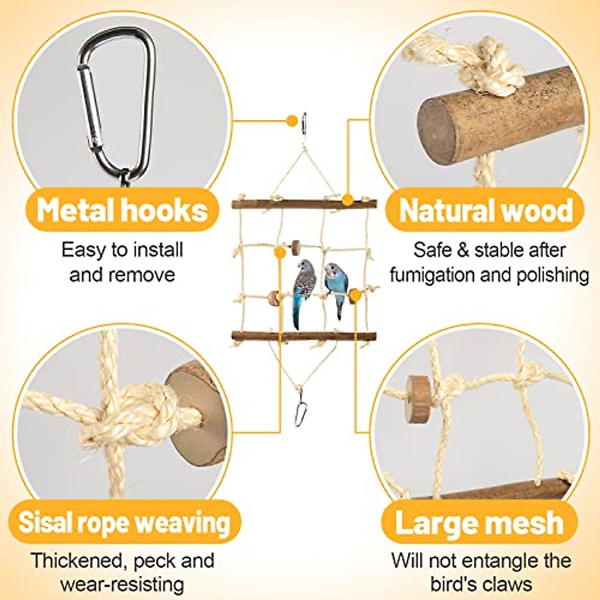 Bird Rope Perch, Natural Wooden Bird Rope Climbing Net Toys, Durable Hanging Bird Parrot Toy for Parakeet Cockatoos Cockatiel Lovebirds and Amazon Parrot