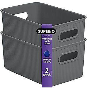 Superio Decorative Plastic Open Home Storage Bins Organizer Baskets, Medium Grey (2 Pack) Container Boxes for Organizing Closet Shelves Drawer Shelf - Ribbed Collection 5 Liter