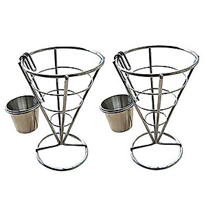 MIAO JIN 2Pcs French Fries Stand Cone Basket Fry Holder with Sauce Dippers Metal Cone Snack Fried Chicken Display Rack Wire Stands for Kitchen Restaurant Party Supplies