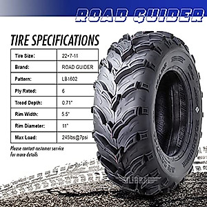 Set 2 Road Guider ATV Mud Tires 22x7-11 22X7X11 6PR 20mm deep tread for Honda Recon 250 Suzuki Ozark 250