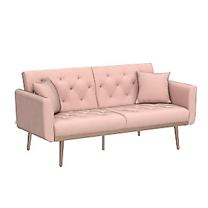 Convertible Velvet Futon Sofa Bed, Upholstered Loveseat Sleeper Couch with 3 Reclining Angles and 2 Pillows, Modern Living Room Sofa Couch with 5 Solid Metal Legs for Guest Room, Office, Pink