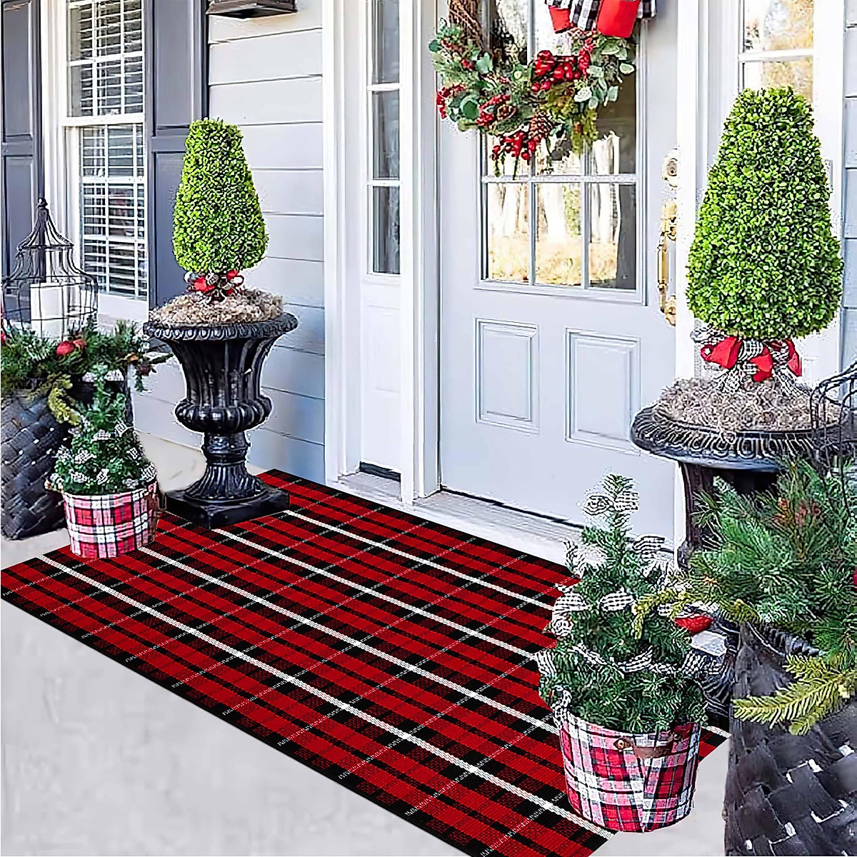Christmas Outdoor Rugs 24 x 51''Black Red Buffalo Plaid Front Porch Rug Hand-Woven Machine Washable Indoor/Outdoor Layered Door Mats for Entryway/Bedroom/Outdoor