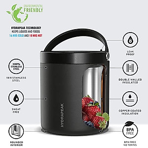 Hydrapeak 25oz Stainless Steel Vacuum Insulated Thermos Food Jar | Kids Thermos for Hot Food and Cold Food, Wide Mouth Leak-Proof Soup Thermos for Adults, 10 Hours Hot / 16 Hours Cold (Black)