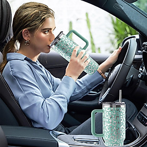 JTL-ADMCW 40 oz tumbler with handle and straw,Insulated Double Walled Stainless Steel Travel Mug,Reusable Vacuum Tumbler,Coffee Travel Mug for Office Portable Insulated Beer Cup-Leopard Green Tumbler
