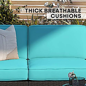 Rio AcePRO 6 Piece Patio Conversation Garden Sectional Sofa Outdoor Furniture Couch Set, Brown Wicker and Beige Cushion, Blue