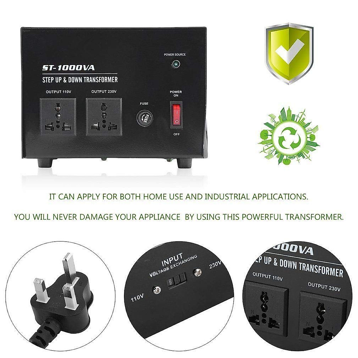 1000W Step Up/Down Voltage Transformer Converter - Step Up & Step Down 110V/220 Volt - Circuit Breaker Protection - CE Certified