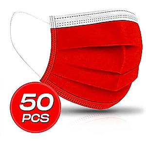 Magshion 50Pcs Disposable Face Cover 3-Ply Filter Non Medical Breathable Earloop Masks for Air Pollution (Red)