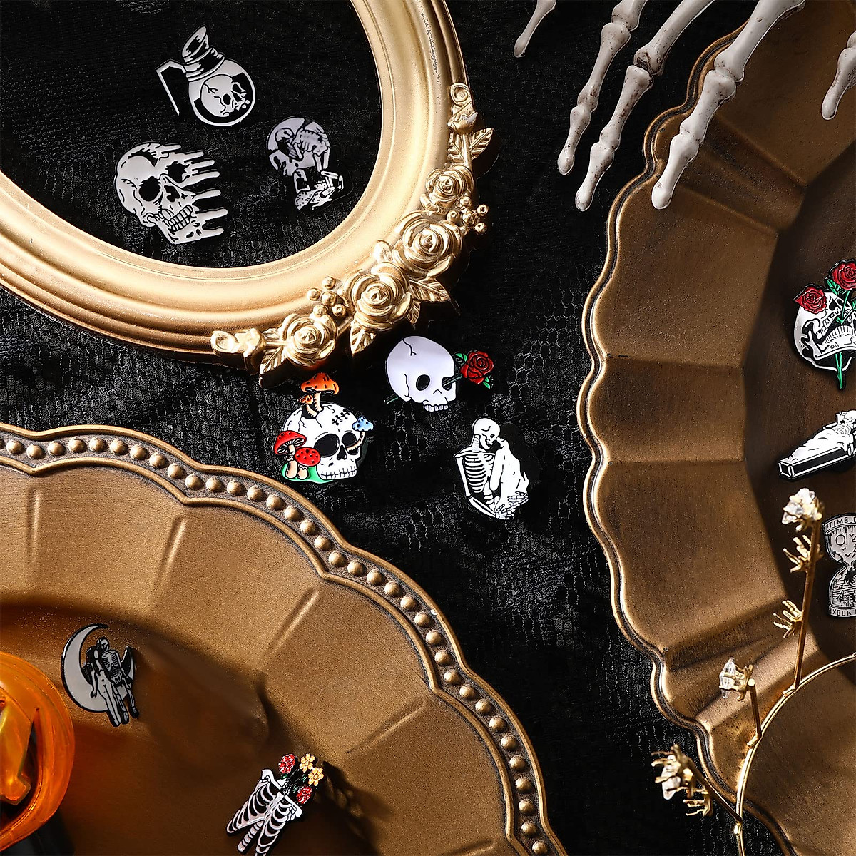 20 Pcs Goth Pin Skull Spooky Skeleton Pins Set Horror Goth Skull Flower Brooch Pins Cute Mini Lapel Pins for Christmas Gifts Women Men Bag Jacket Backpack Hat Pant Clothes Accessories (Skeleton)