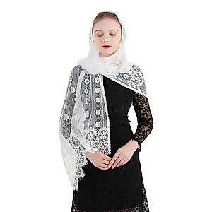 PAMOR Women Chapel Veil Rectangular Mantilla Wrap Shawl Scarf Head Covering Catholic Veils for Church (White)