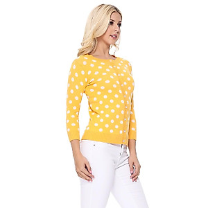 YEMAK Women's Polka Dot Cute Jacquard Crewneck Button Down Sweater Cardigan MK3104-RED-S