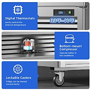 Coolski 54'' W Commercial Refrigerator, Stainless Steel Reach-in Refrigerator with 49 Cu.Ft Capacity/8 Shelves/LED Lighting/33℉~41℉/ETL Approved