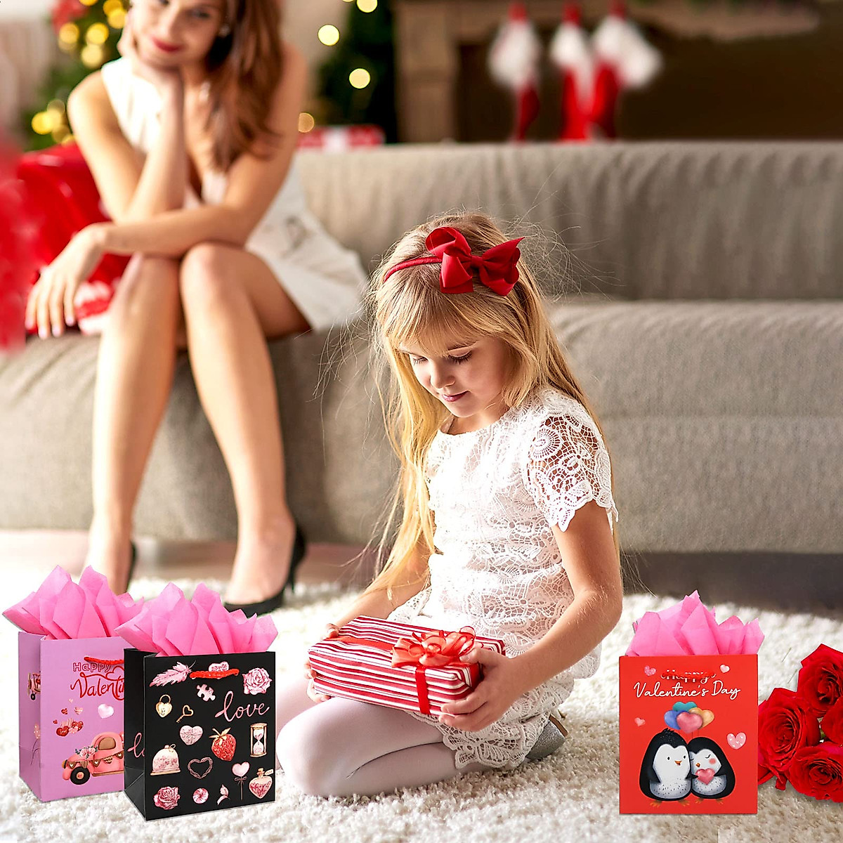 12 Pcs Valentine's Day Paper Gift Bags 5.5 * 6.5 * 2.9" with Tissue Paper for Kids Party Favor Classroom Exchange Prizes Present Wrapping