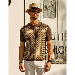 Men's 70s Short Sleeve Knitwear Vintage Stripe Lightweight Polo Shirts Brown XXL