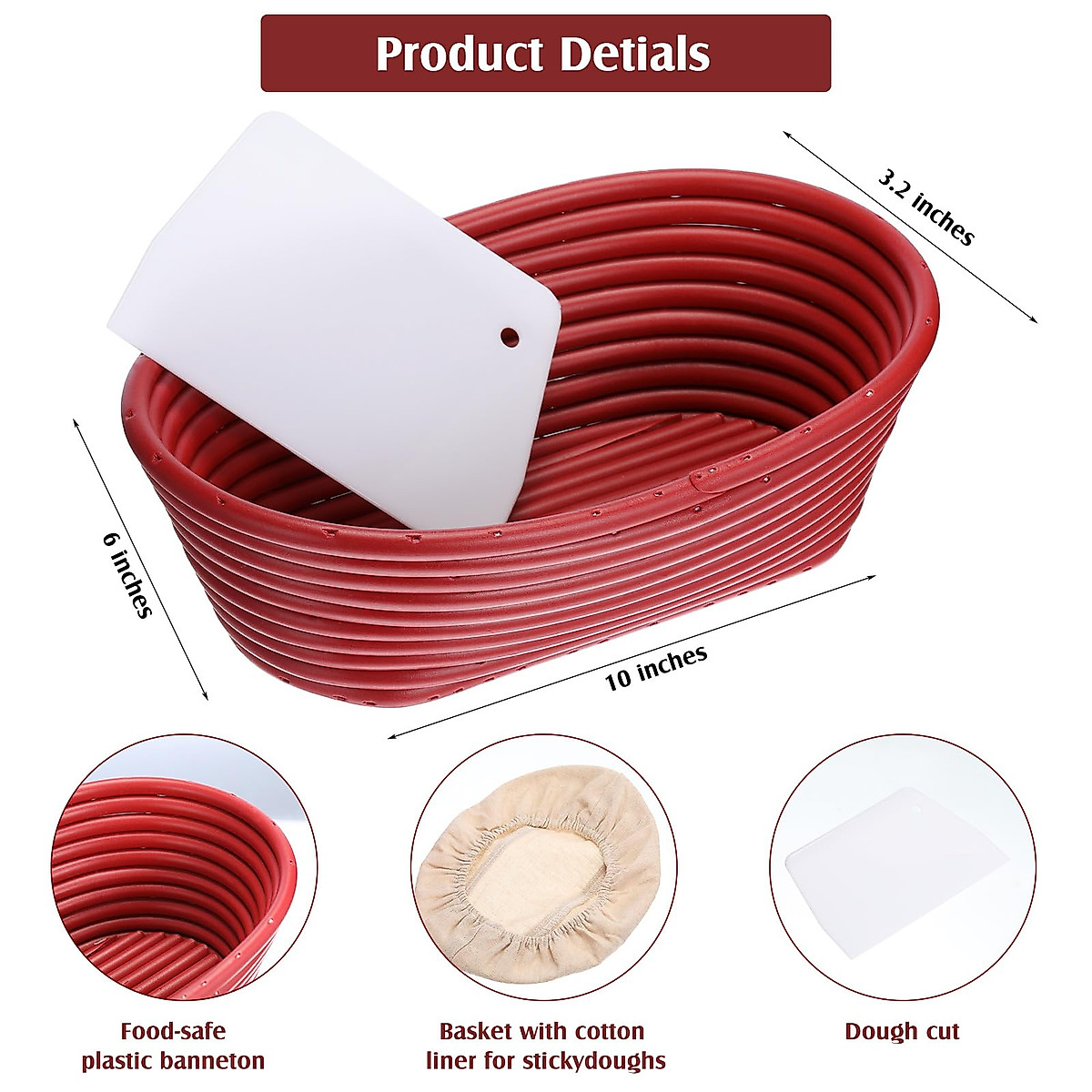 Hushee 3 Pieces 10 Inch Oval Shaped Proofing Basket bread proofing basket with Scraper Cotton Liner Red Oval Banneton Basket Dough Bowl Bread Making Tools for Home Sourdough Bread Baking