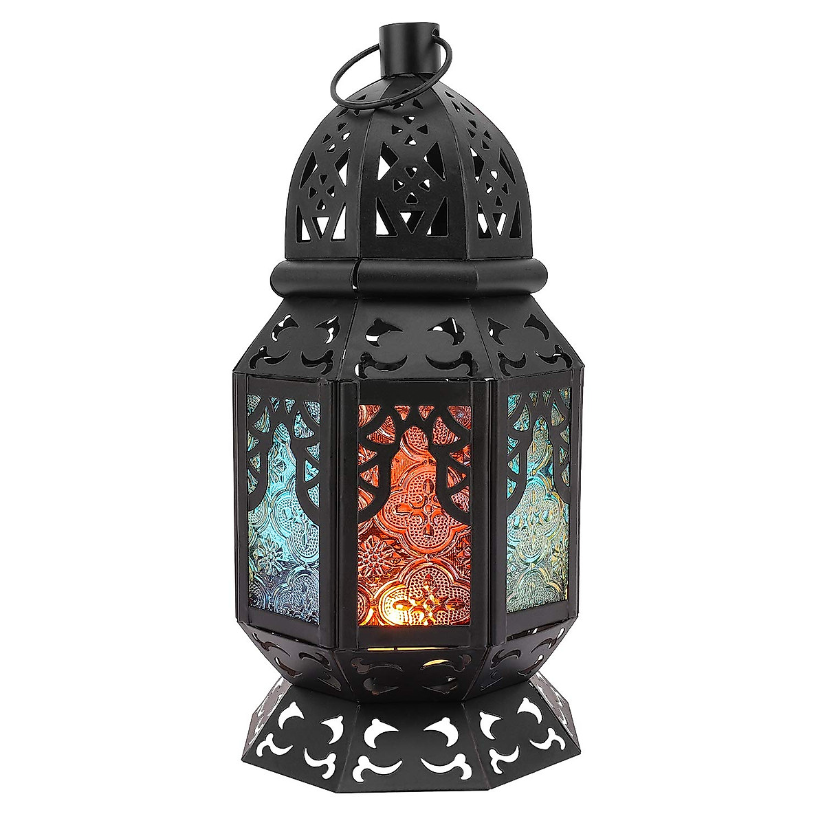 Lewondr Retro Iron Ramadan Candle Lantern, 10.2 Inch Portable Moroccan Wrought Iron Stained Glass Decorative Lantern Candle Holder Hanging Lamp Wind Lantern for Home Decor, Small – Black + Colorful