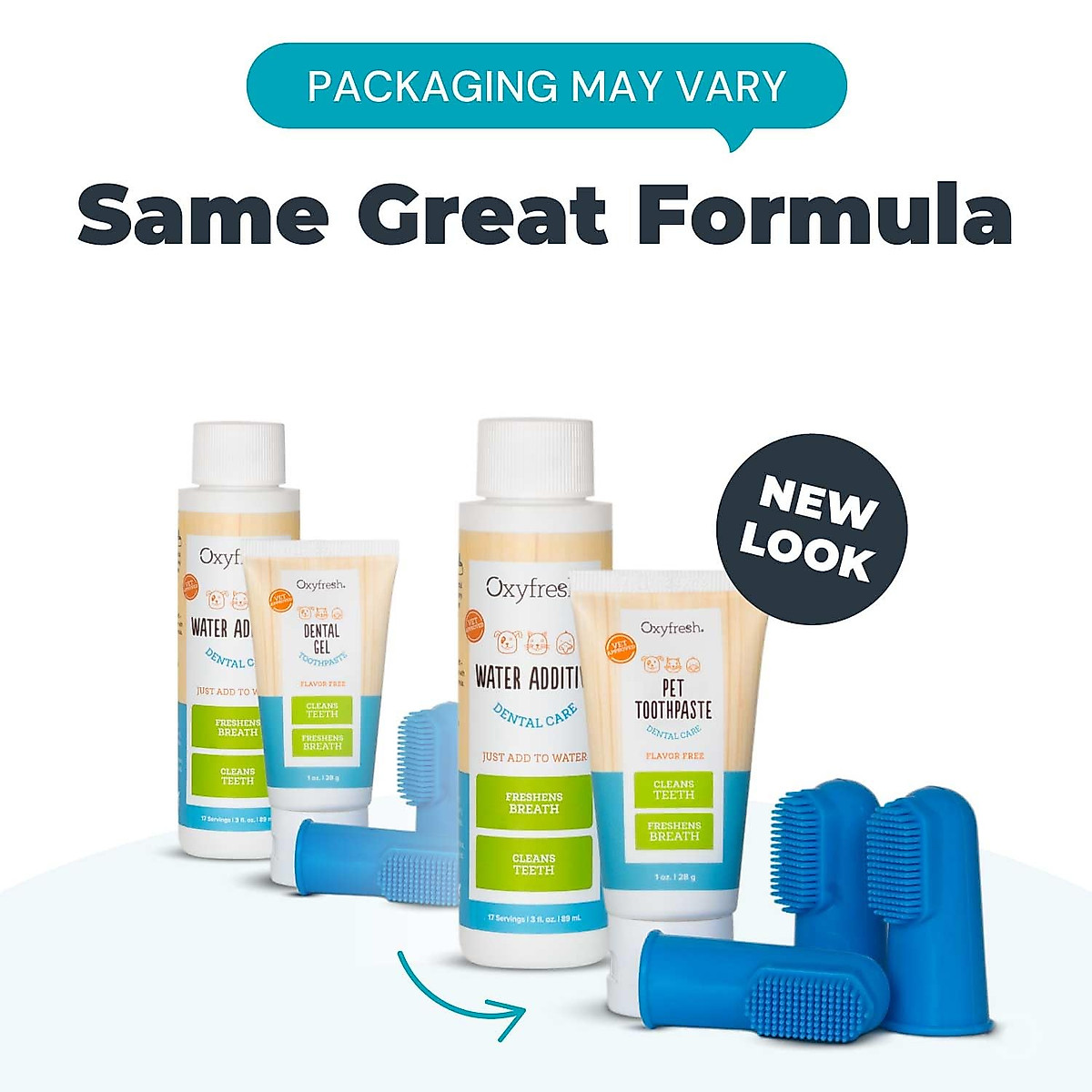 Oxyfresh Premium Pet Dental Kit for Dogs & Cats – Easy Solution for Pet Fresh Breath, Clean Teeth, Control Plaque & Tartar – Vet Formulated Pet Toothpaste 1oz + Water Additive 3oz + 3 LG Brushes Kit