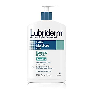 Lubriderm Daily Moisture Body Lotion for Sensitive, Dry Skin, Enriched with Vitamin B5, Dye and Lanolin Free, Unscented and Non-Greasy, 16 fl. oz