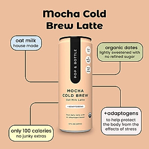 Pop & Bottle, Oat Milk Mocha Lattes - Cold Brew Coffee, Ashwagandha, MCT Oil, Oat Milk, Organic, Dairy Free, Gluten Free, Vegan, Great as Iced Coffee, Lightly Sweetened with Dates - 8 Fl Oz (12 Pack)