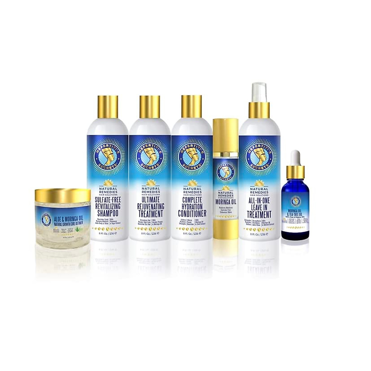 Nefertiti’s Secrets Natural Remedies Collection | 100% Pure Oils | Hydration Combination Set | Hair Shampoo, Conditioner and Hair Treatments | Gift Set of 7 products