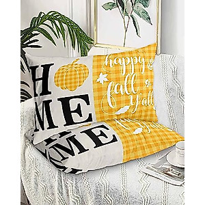 Edwiinsa Fall Pumpkin Pillow Covers King Standard Set of 2 Bed Pillow, Farmhouse Yellow Plaid Splicing Plush Soft Comfort for Hair/Skin Cooling Pillowcases with Envelop Closure 20''x36''