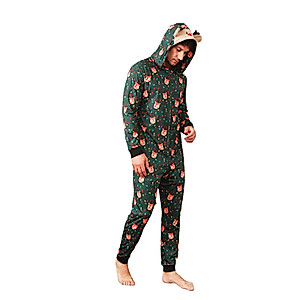Nokpsedcb Family Christmas Pajamas Couples Kids Matching Lounge Sets Long Sleeve Hooded Deer Print Zipper Jumpsuit Sleepwear(Dad,L,A-Reindeer)