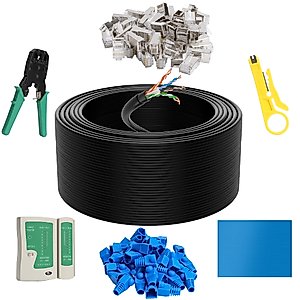 Cat6 Outdoor Ethernet Cable 500 FT with Tool Kit, Heavy Duty Network Internet DIY Bulk Cord, Support Cat 6 Cat5e Cat5, UTP, CCA, Waterproof, PVC & LLDPE UV Double Jackets, in Wall, Direct Burial, POE